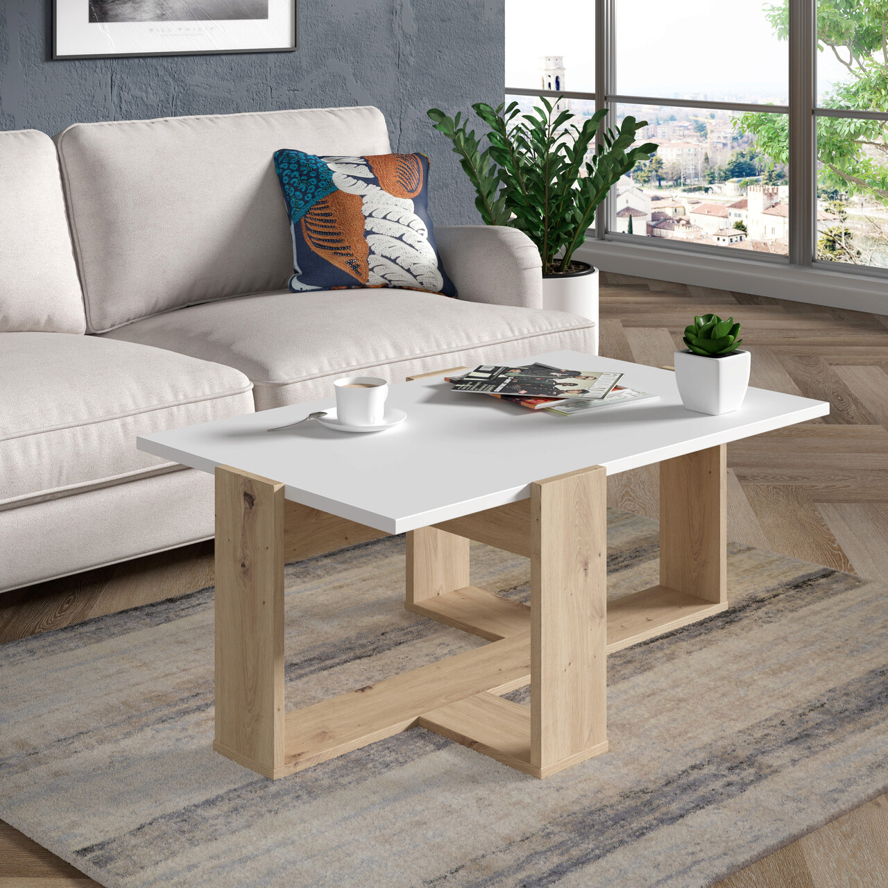 Masuta de cafea Capelle, Bedora, 110x70x45.5 cm, PAL, alb/stejar - Mezoni