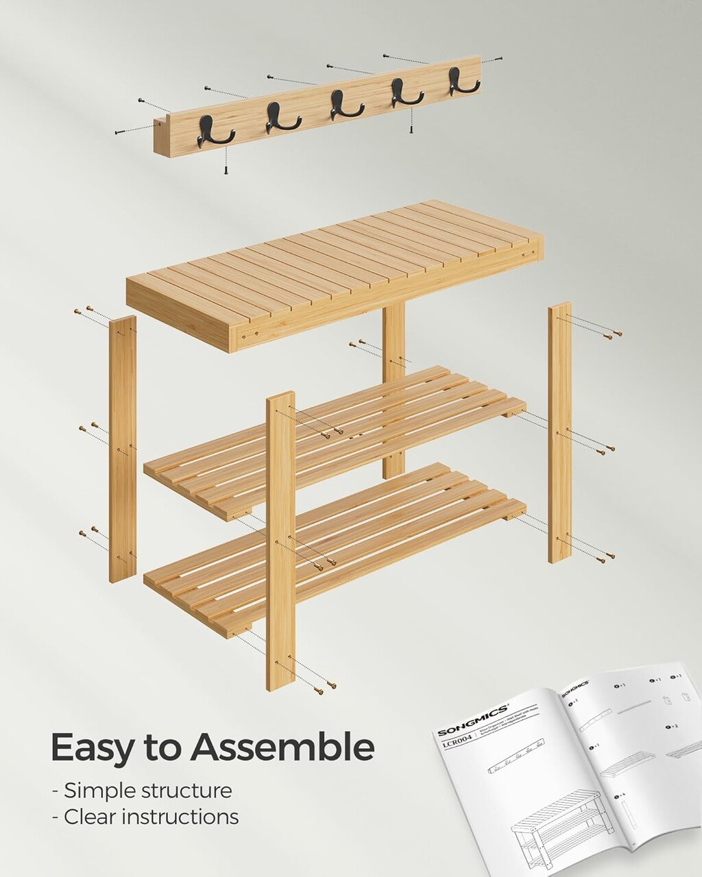 Set bancheta cu pantofar si cuier de perete Bamboo, Songmics, 70x28 ...