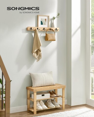 Set bancheta cu pantofar si cuier de perete Bamboo, Songmics, 70x28 ...