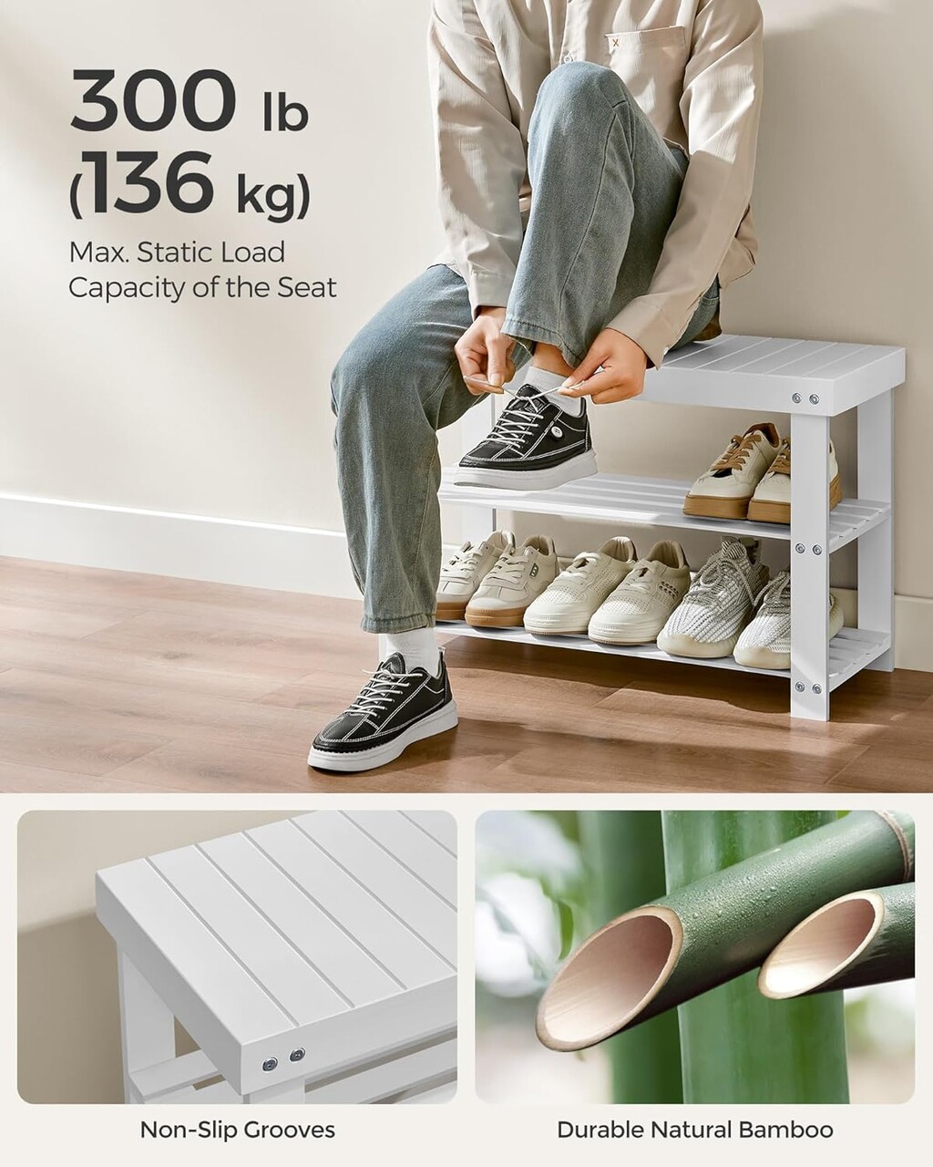 Set bancheta cu pantofar si cuier de perete Bamboo, Songmics, 70x28 ...