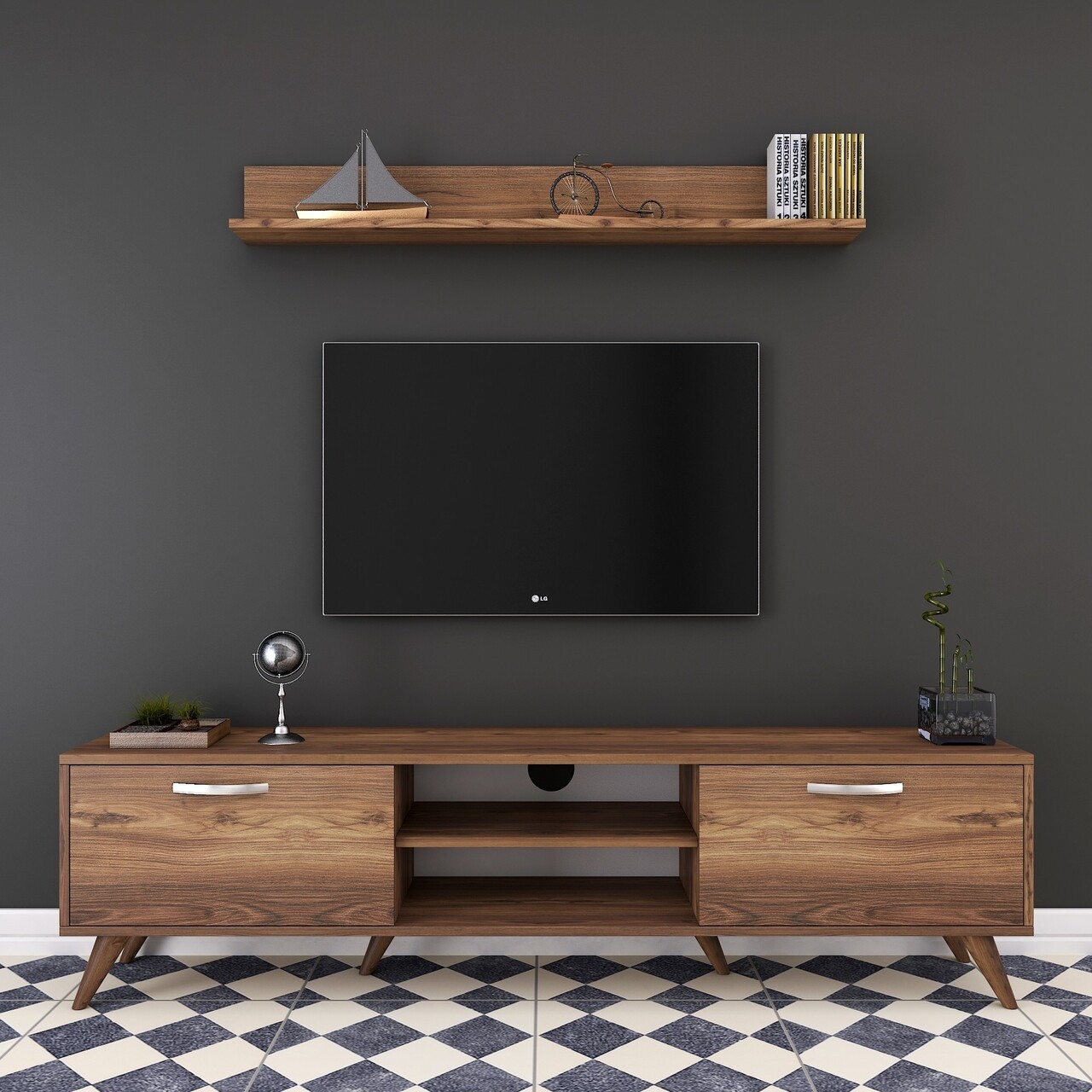 Comada TV cu raft de perete M30 - 289, Wren, 180 x 35 x 48.6 cm/133 x ...