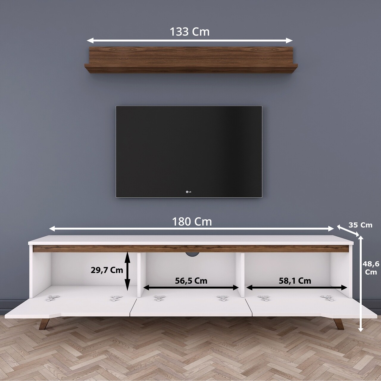 Comada TV cu raft de perete M30 - 289, Wren, 180 x 35 x 48.6 cm/133 x ...