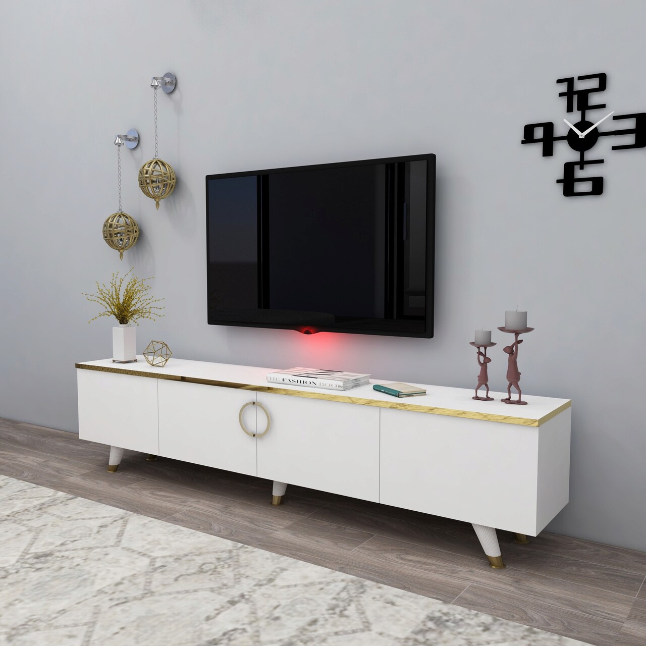 Comoda TV, Arnetti, Luxia, 180x30x31.4 cm, PAL, Alb/Auriu - Mezoni