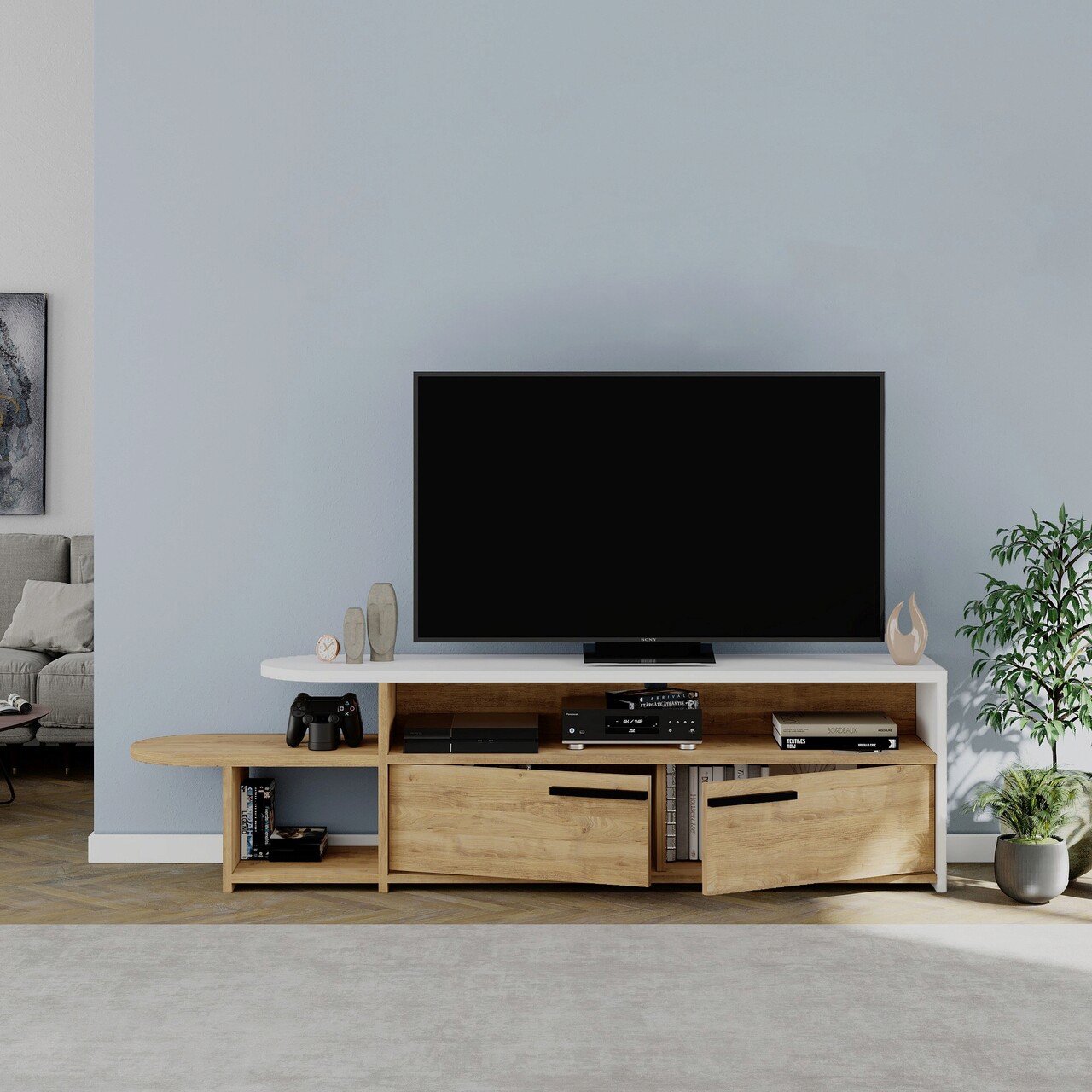 Comoda TV, Homitis, Lyra, 167x44.8x33 cm, Stejar / Alb - Mezoni