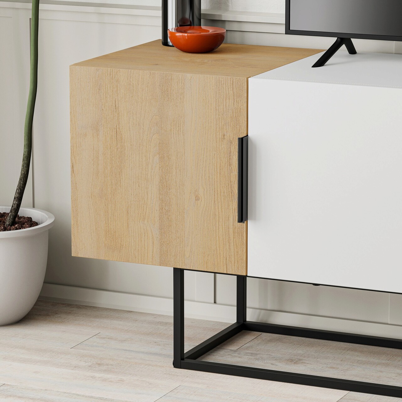 Comoda TV, Homitis, Tontini, 140x55x37.5 cm, Stejar / Alb