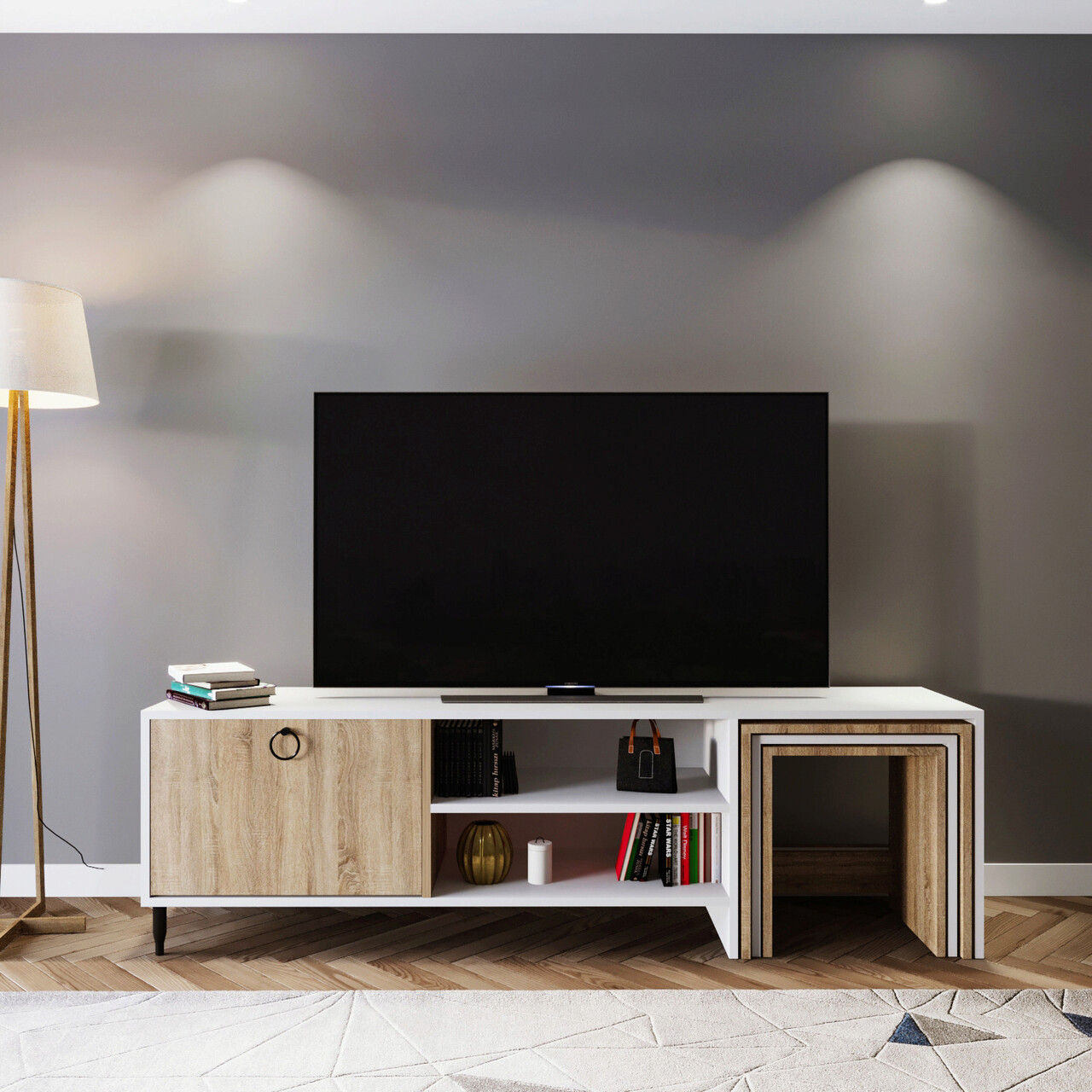 Comoda TV, Lacivert, Zigon Sehpalı Tv Ünitesi L502, Alb - Mezoni
