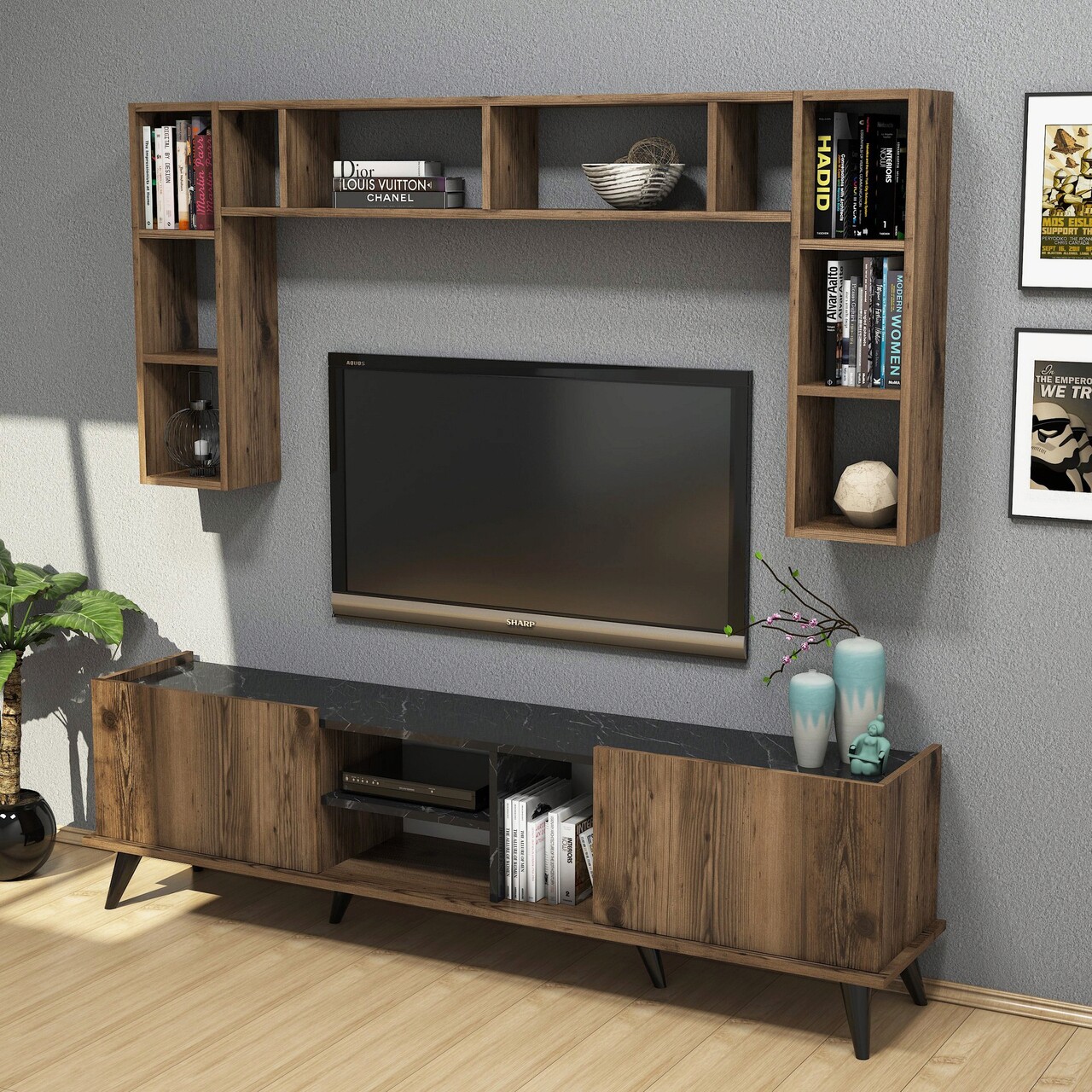 Comoda TV, Mezza, Elegante 1334, Nuc / Negru - Mezoni